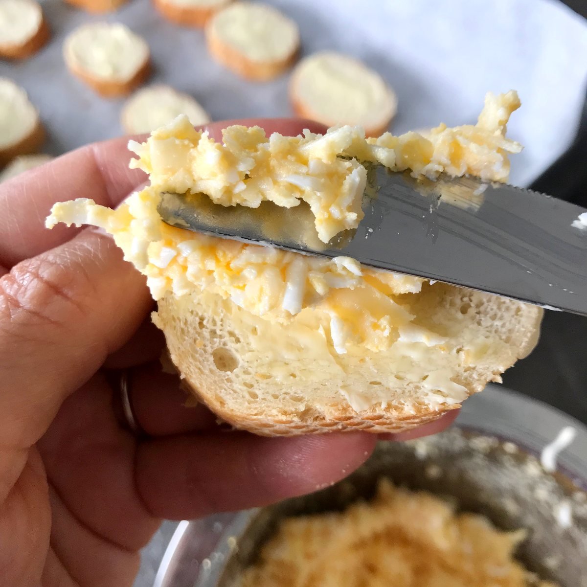 Warm Egg and Cheese Crostini - emkayskitchen